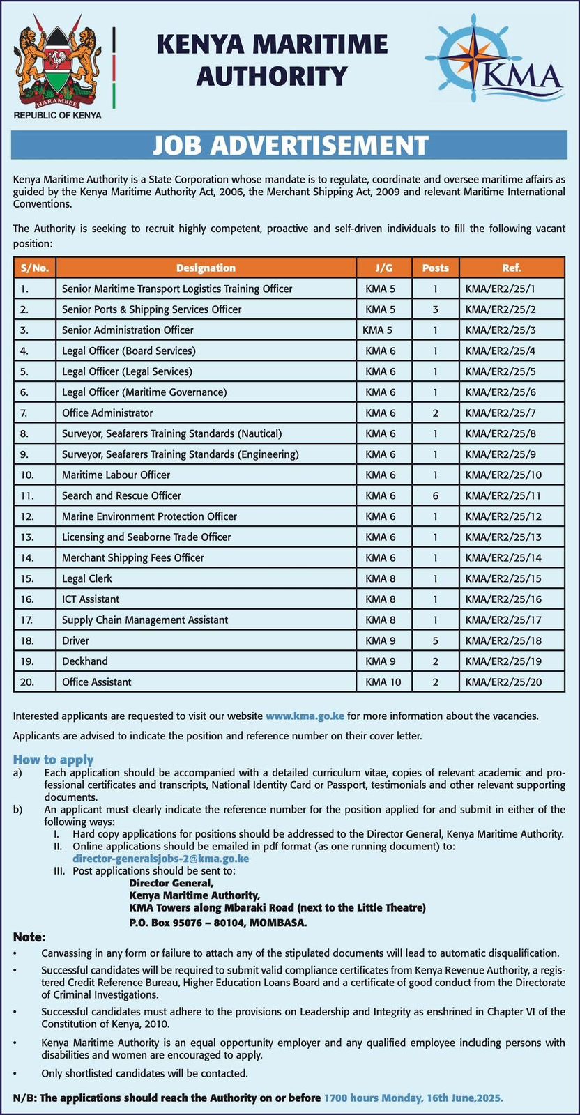 Kenya Maritime Authority Announces Nationwide Recruitment Drive for 45 ...